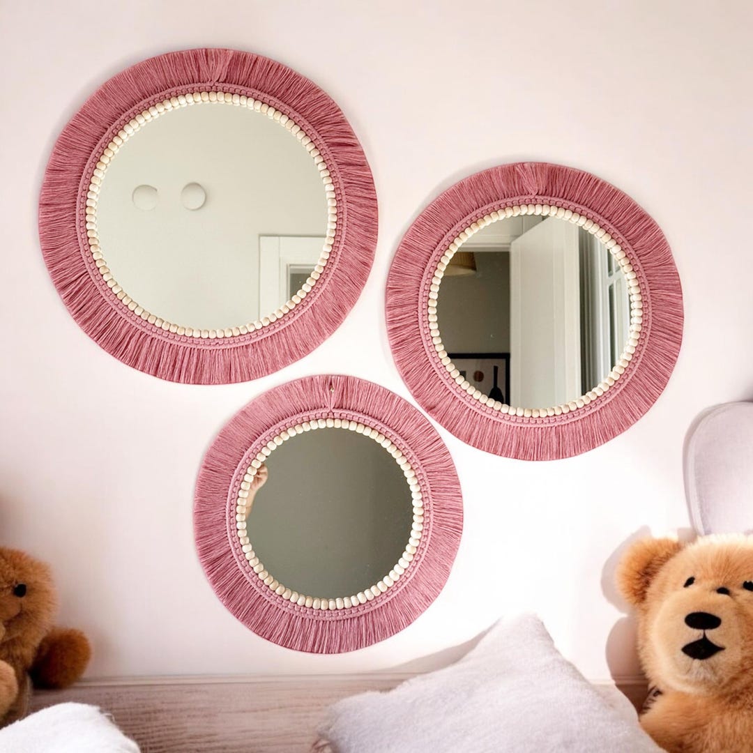 Set of 3 Macrame Mirrors, Nursery Wall Hanging Mirror, Blush Pink Room ...