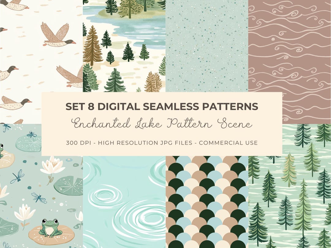 Enchanted Lake Scene Pattern Bundle, Seamless Digital Backgrounds ...