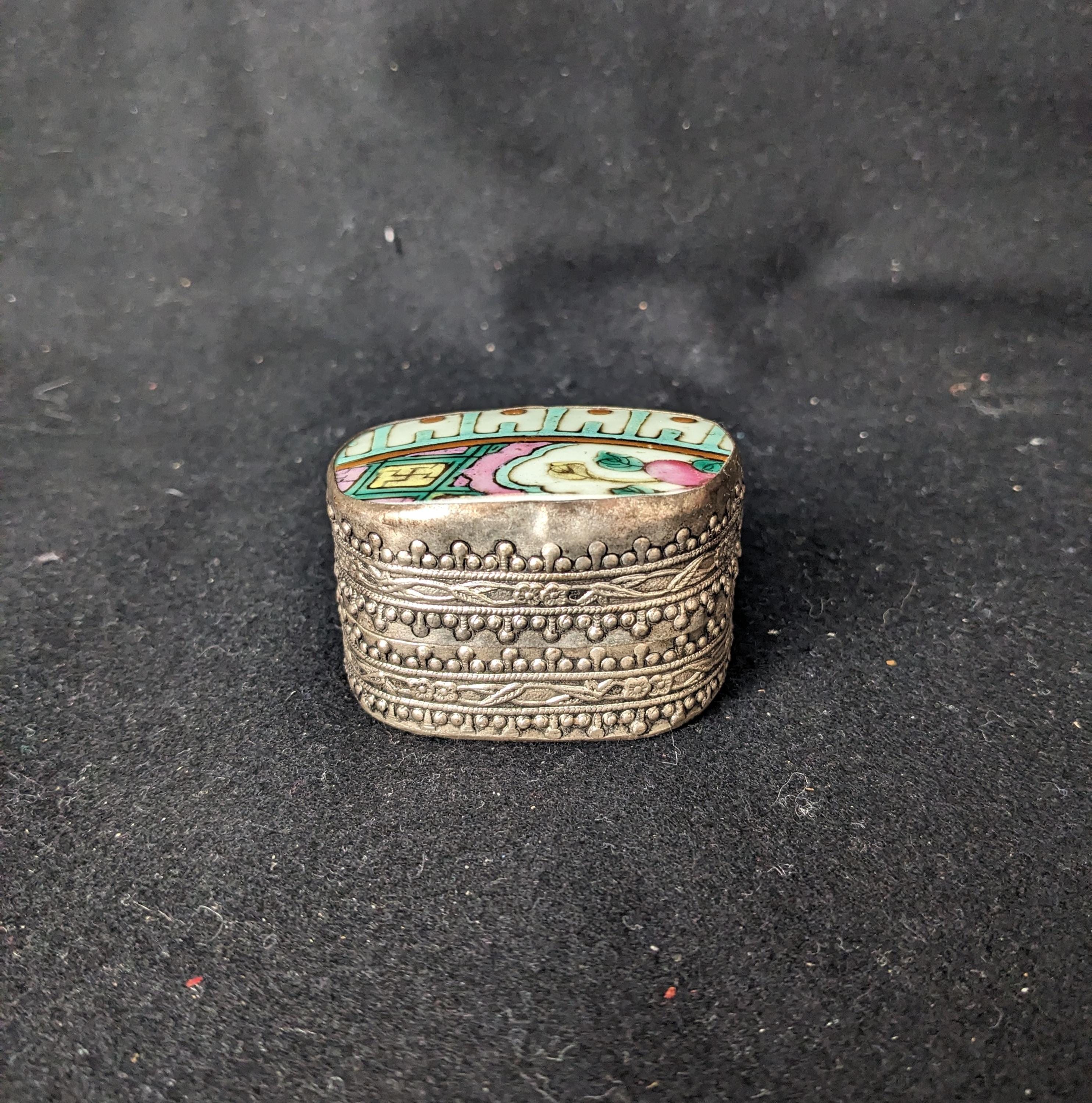 Vintage Chinese Shard Box Embossed Metal Trinket Pill Box With Ceramic ...