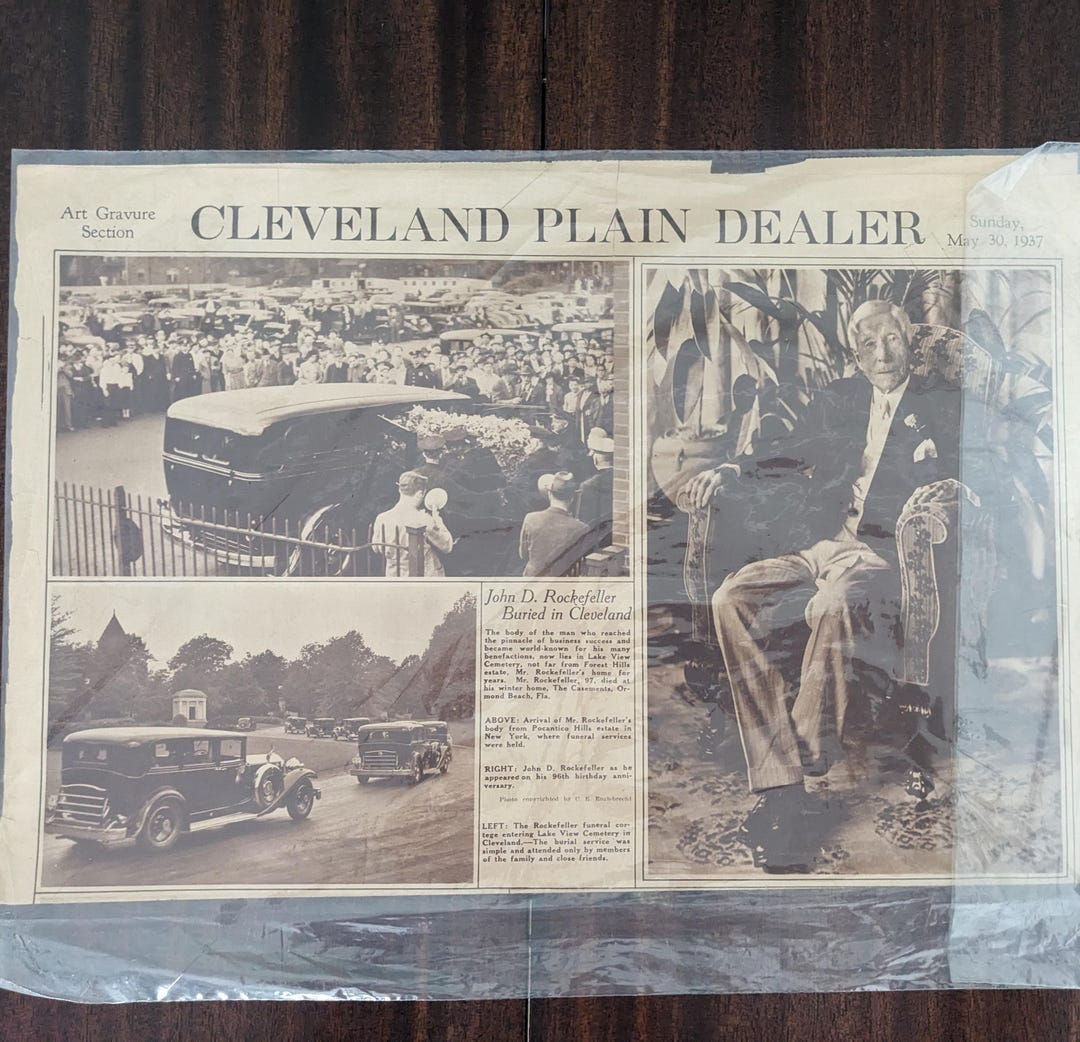 Vintage 1930s Newspaper Announcement John D. Rockefeller Death Funeral ...