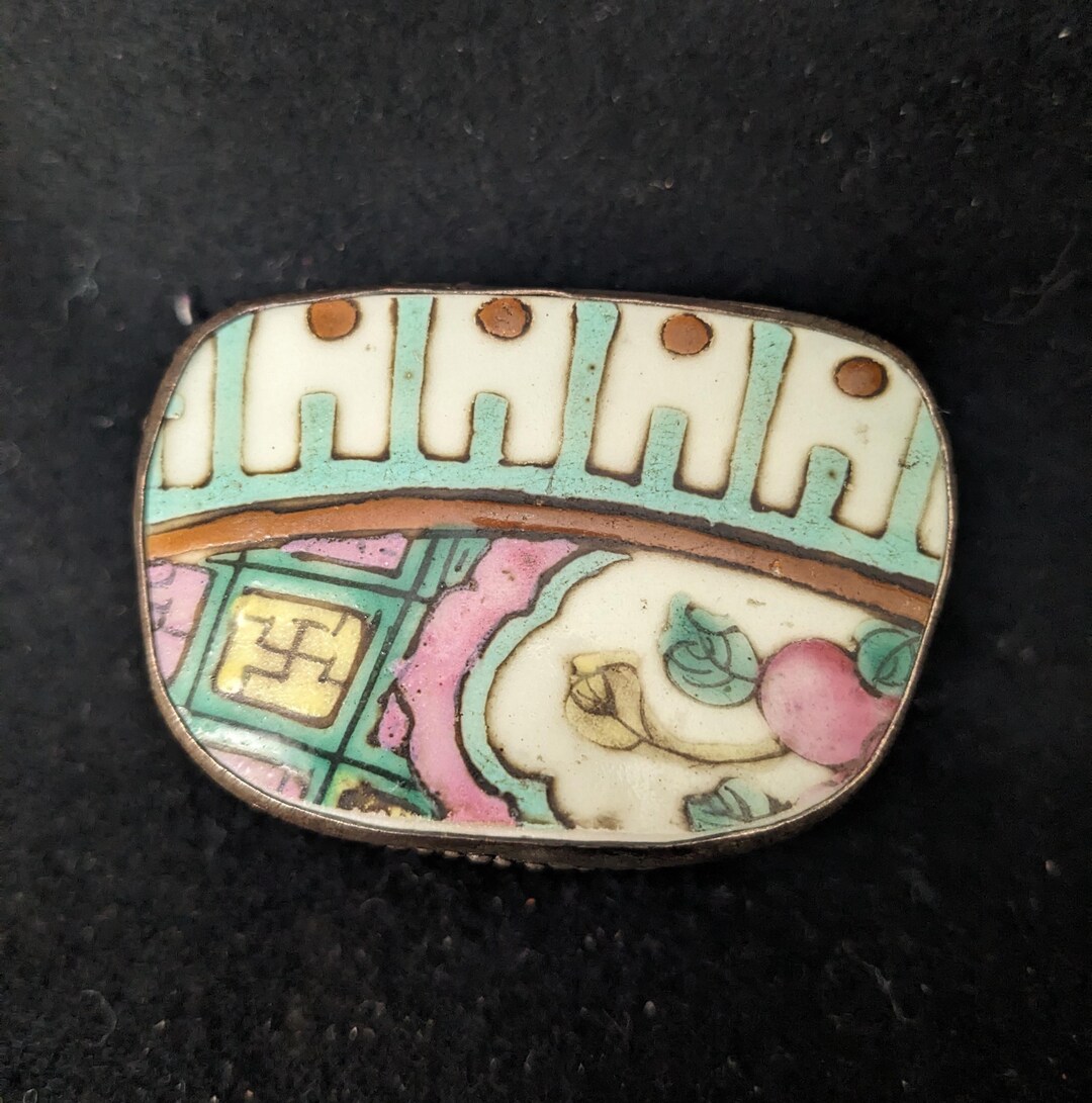 Vintage Chinese Shard Box Embossed Metal Trinket Pill Box With Ceramic ...