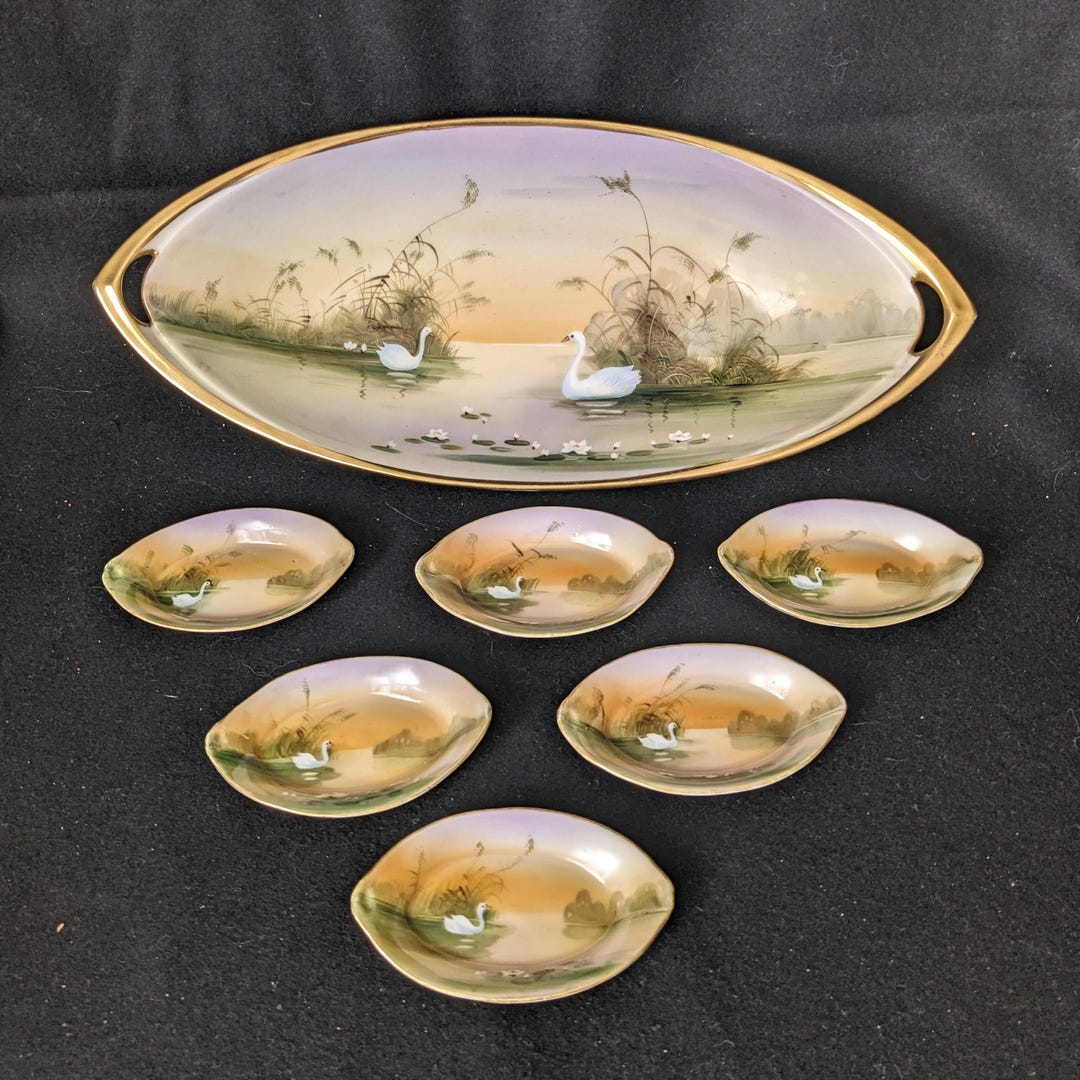 Antique Japanese Nippon Hors D'oeuvre Set Feat. Hand-painted Swans ...