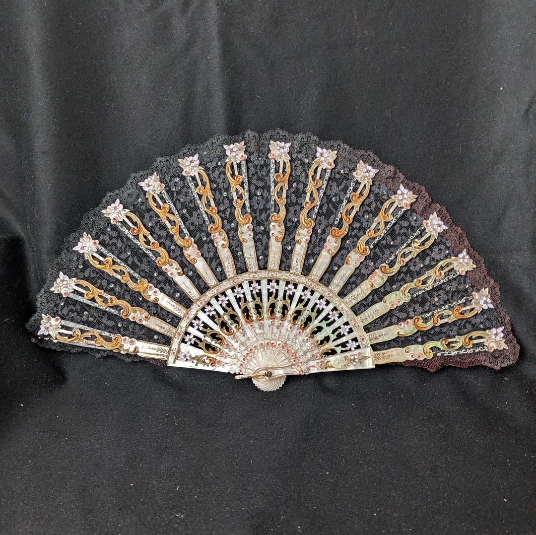 Vintage Black Lace Folding Fan Intricate Mother-of-pearl Style ...