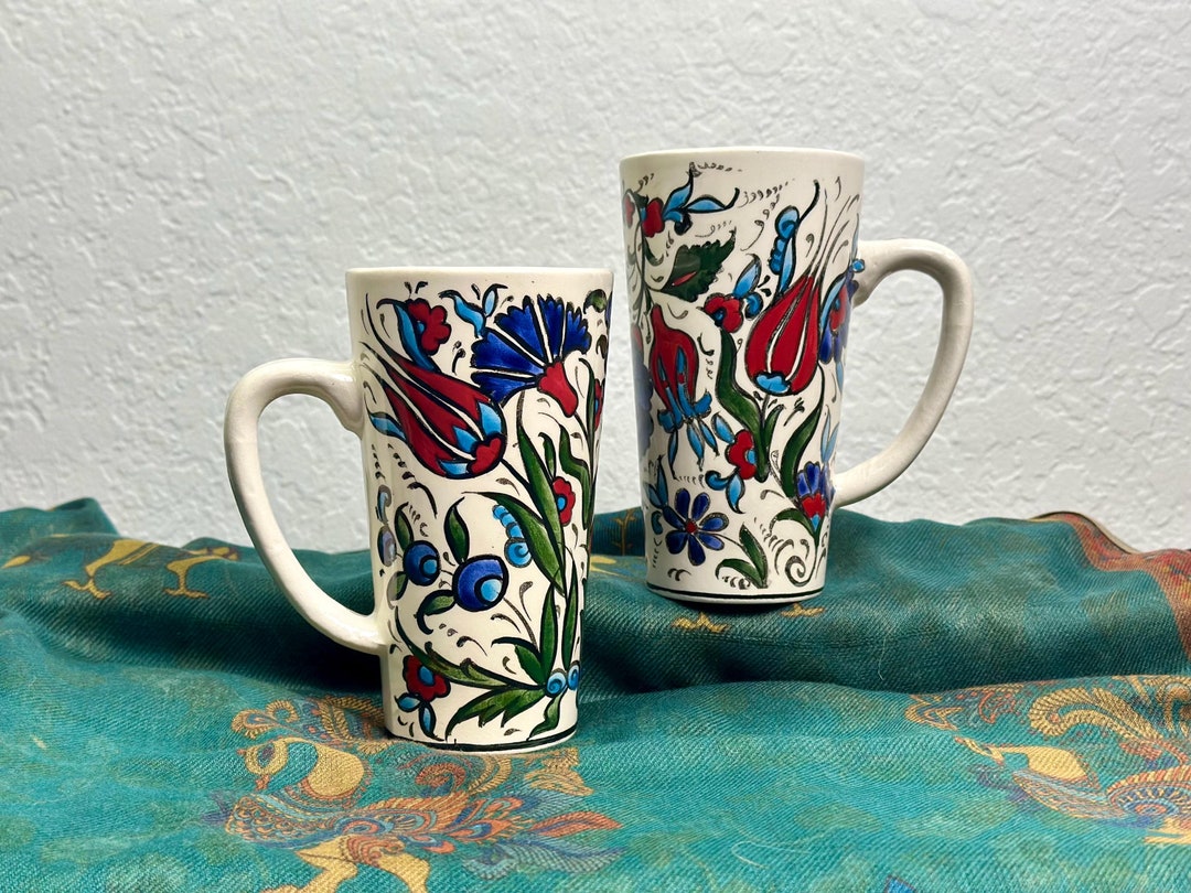 Set of 2 Tall Coffee Cups, 16oz Handmade Turkish Ceramic Pottery Mugs ...