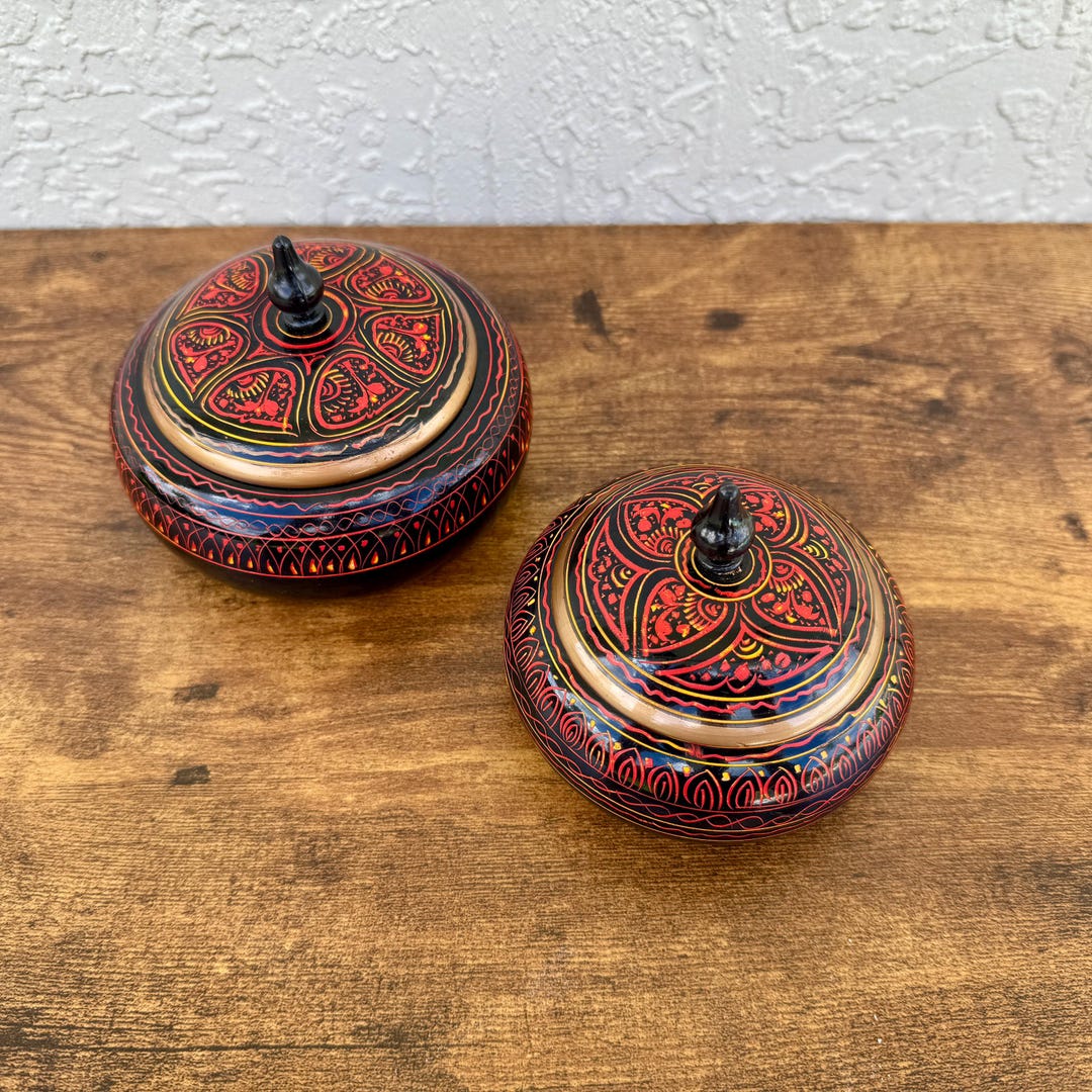 Handcrafted Lacquered Wooden Jar Set – Red and Gold Trinket Boxes - Etsy