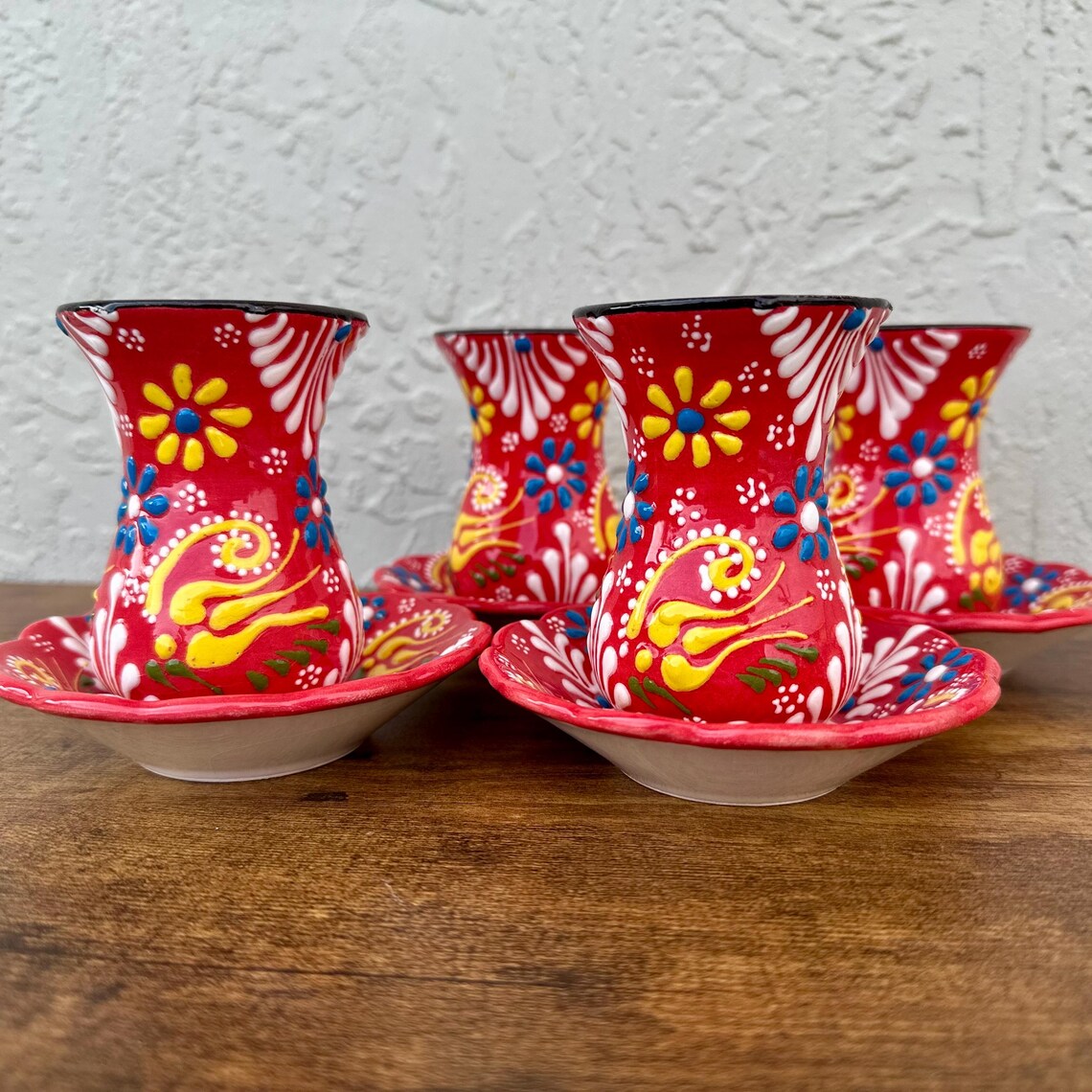 Handmade Turkish Tea Set - 4 Hand-painted Ceramic Cups & Saucers With ...