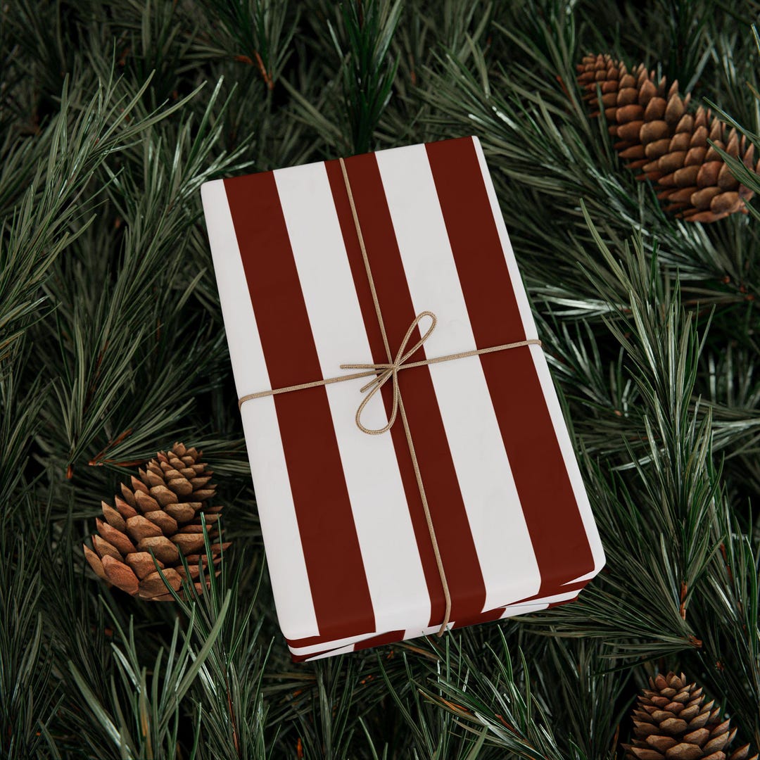 Burgundy Red & White Stripes Christmas Wrapping Paper, Holiday Gift ...