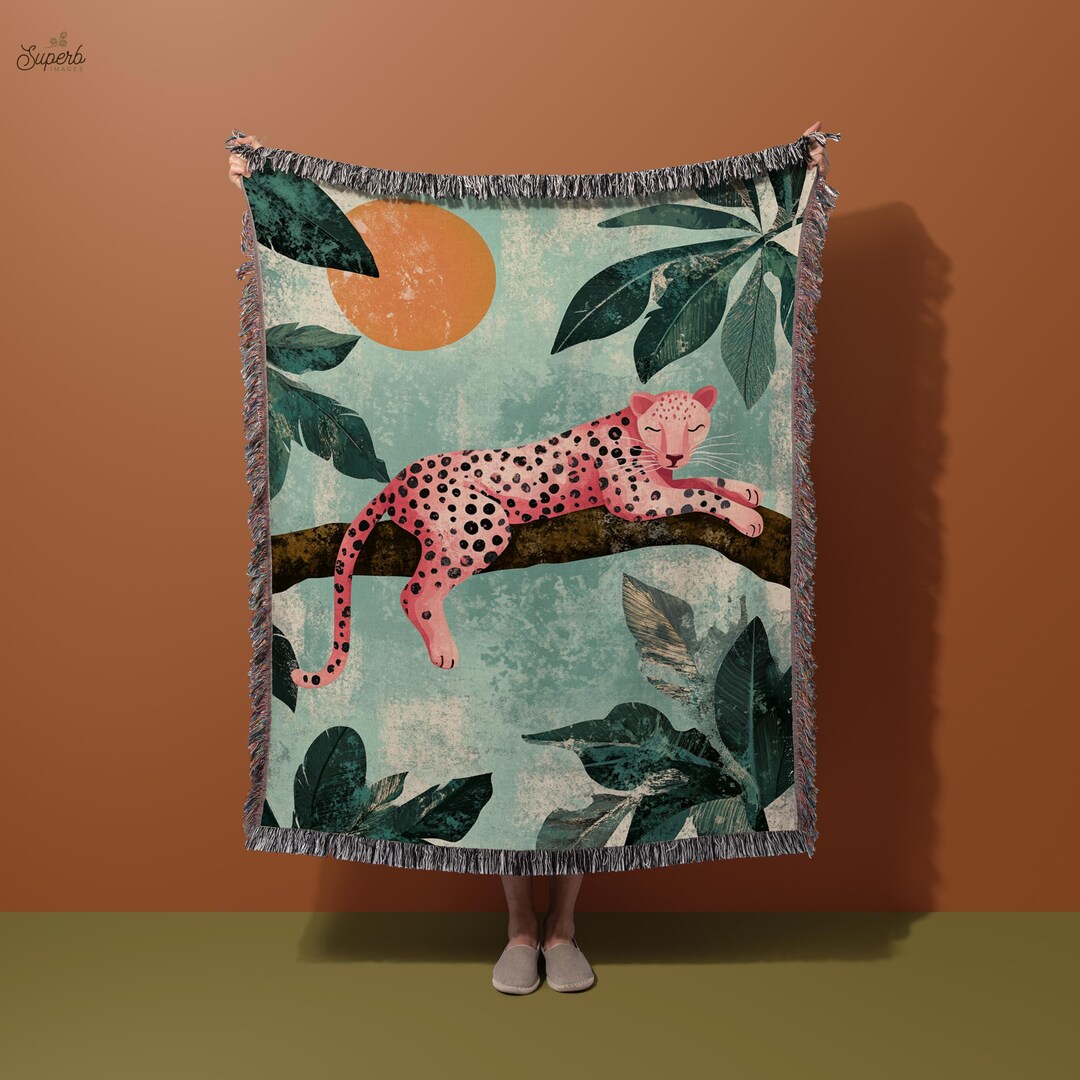 Vintage Maximalist Jacquard Tiger & Flowers Woven Cotton Throw Blanket ...