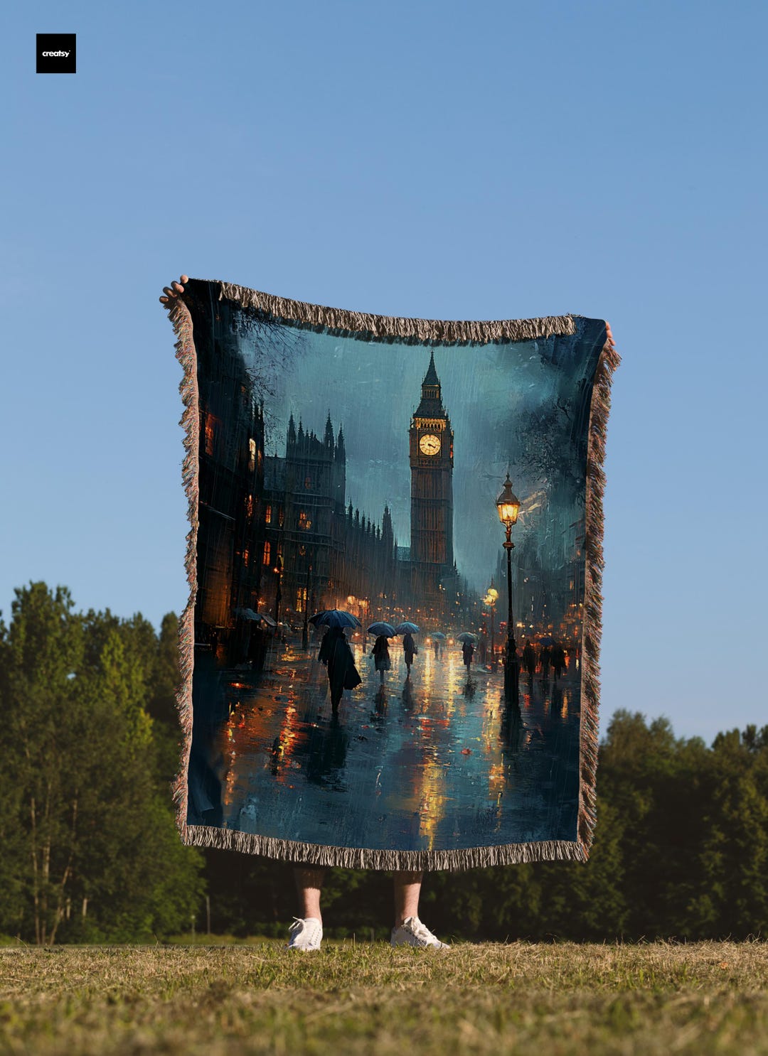 Rainy London Blanket - Big Ben in the Rain, Umbrella Cityscape Blanket ...