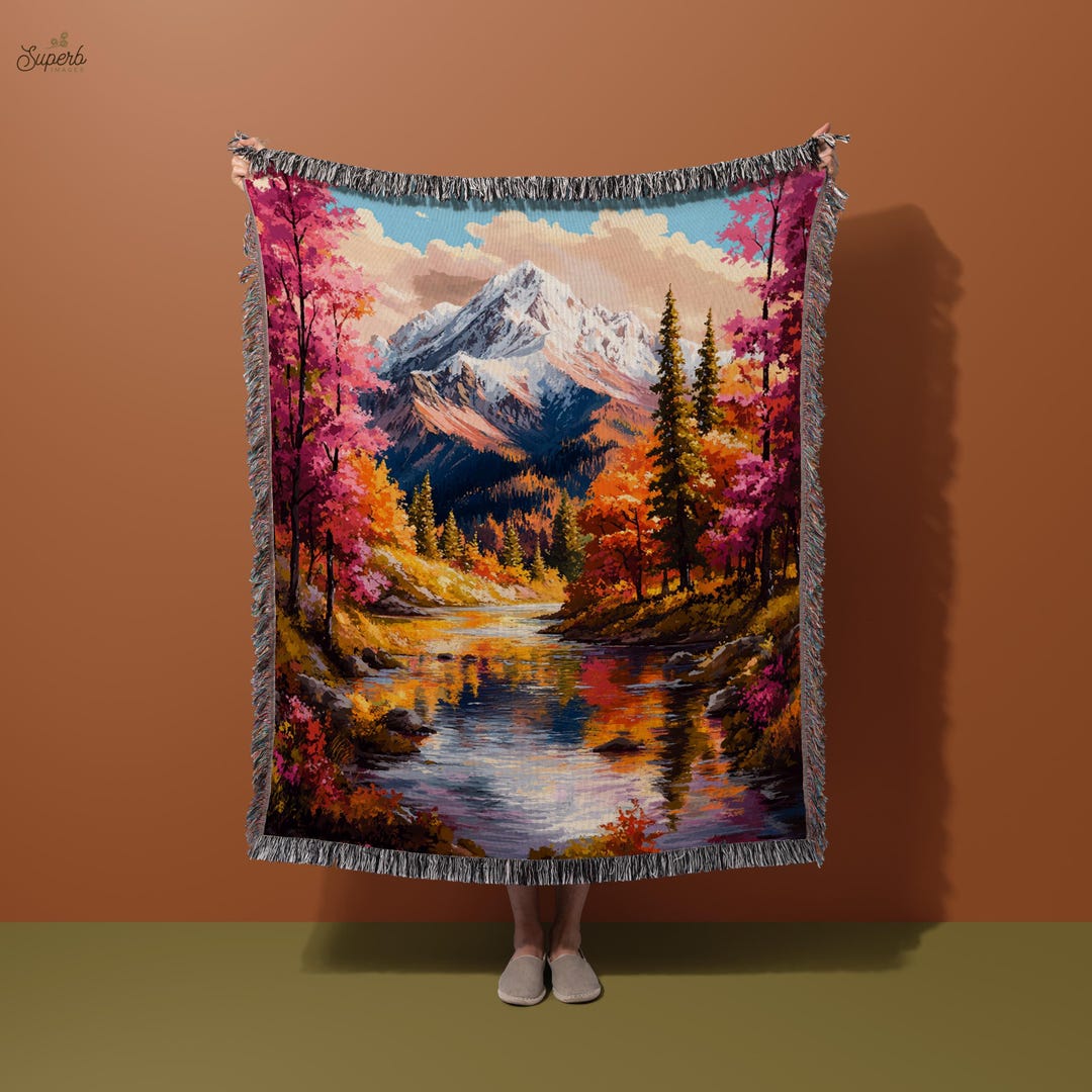 Mountain and River Blanket, Fall Landscape Throw Blanket, Cozy Nature ...