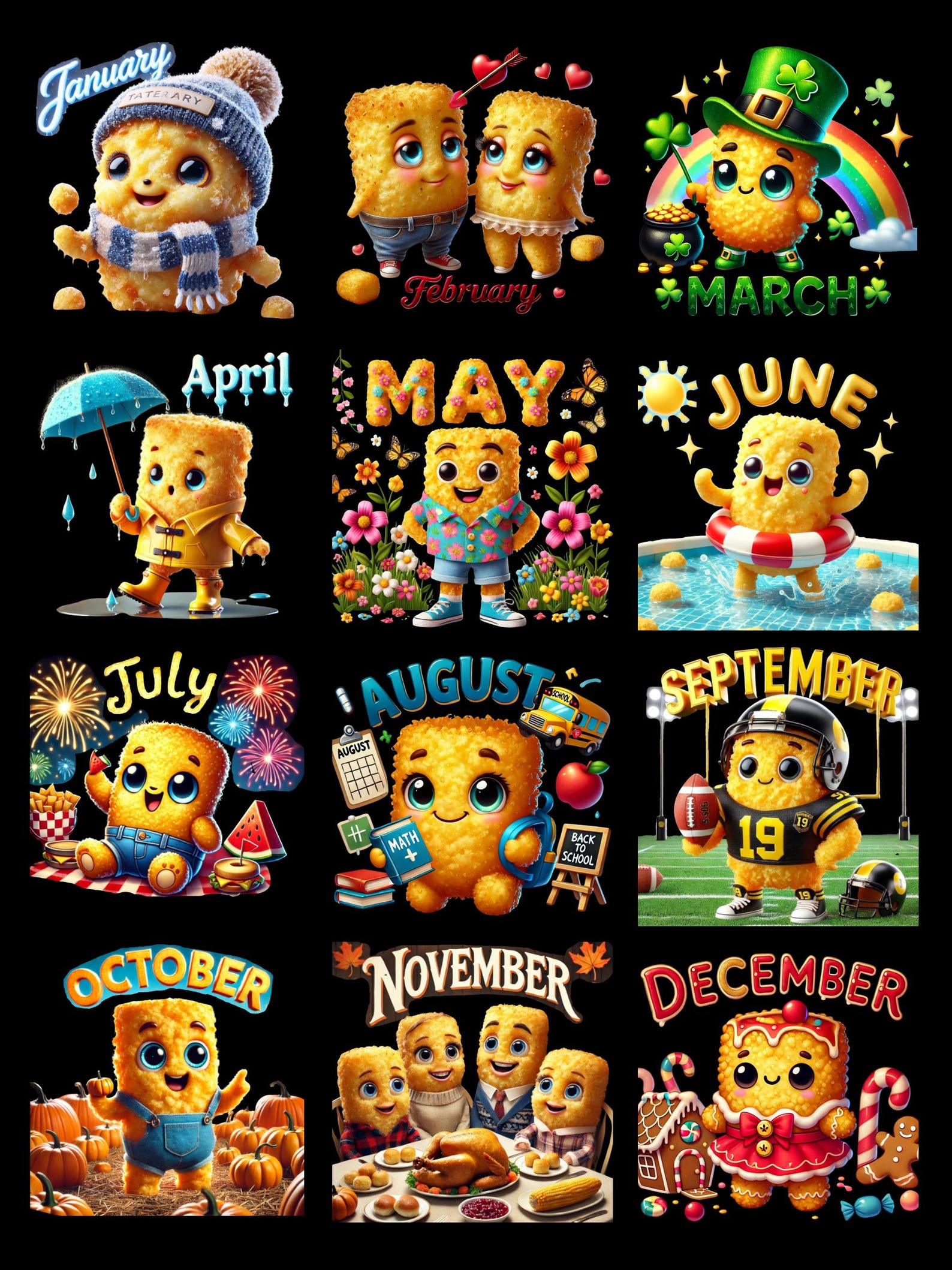 12 Downloadable, Printable Transparent Calendar PNG Tater Tot Stickers ...