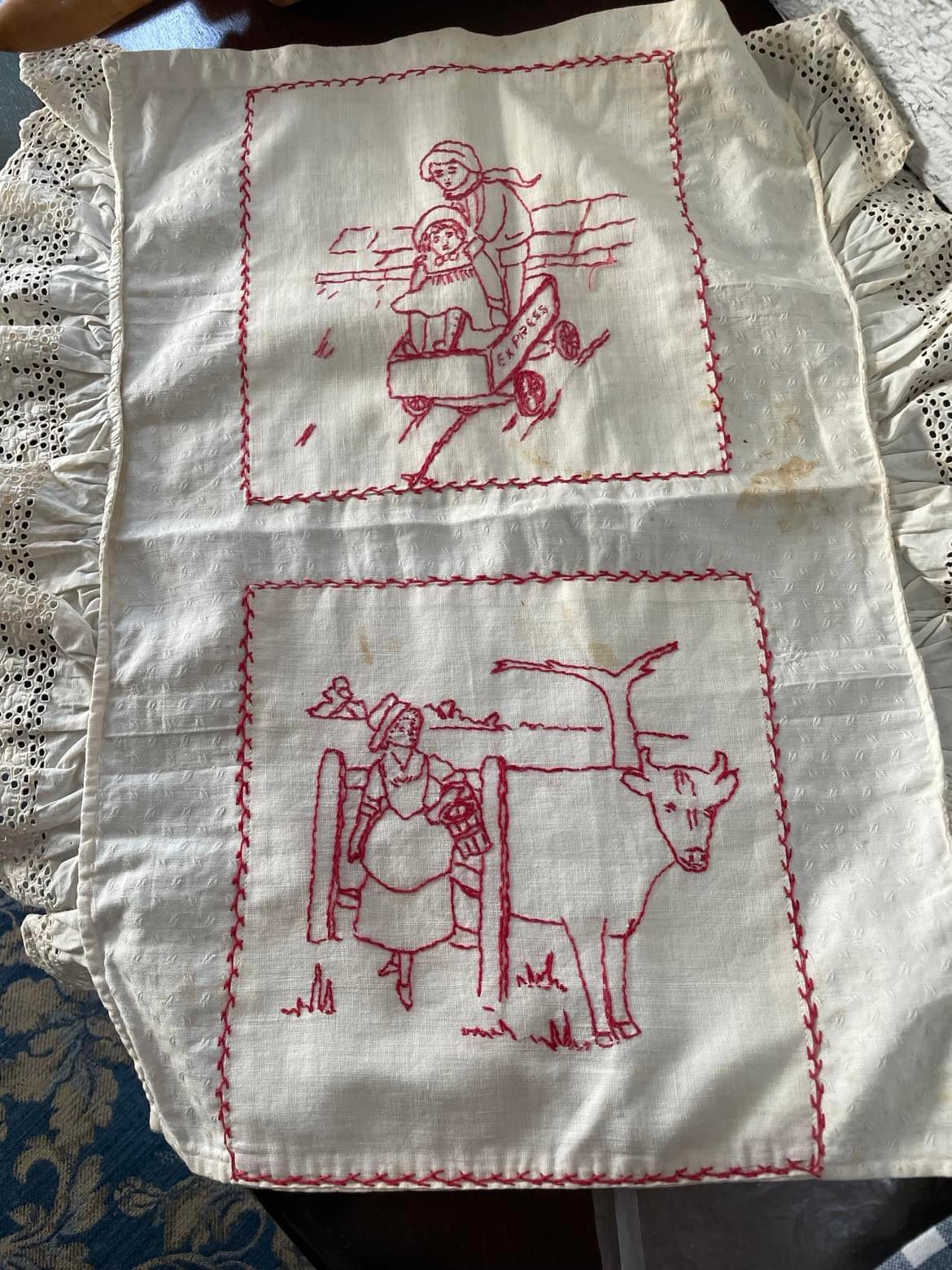 Vintage Red Work Embroidery Wagon and Cow - Etsy