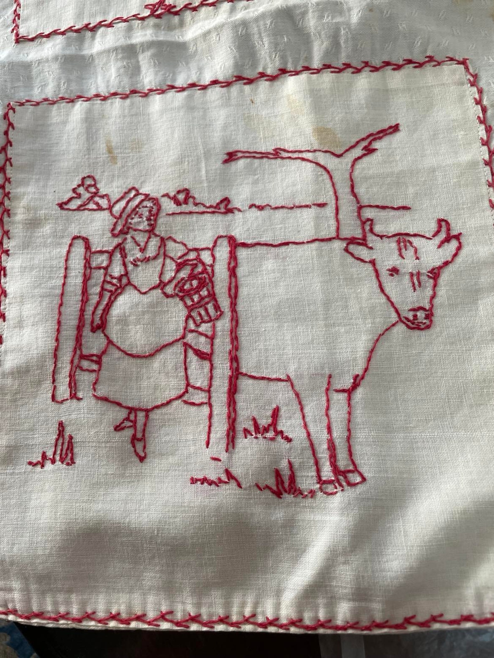 Vintage Red Work Embroidery Wagon and Cow - Etsy