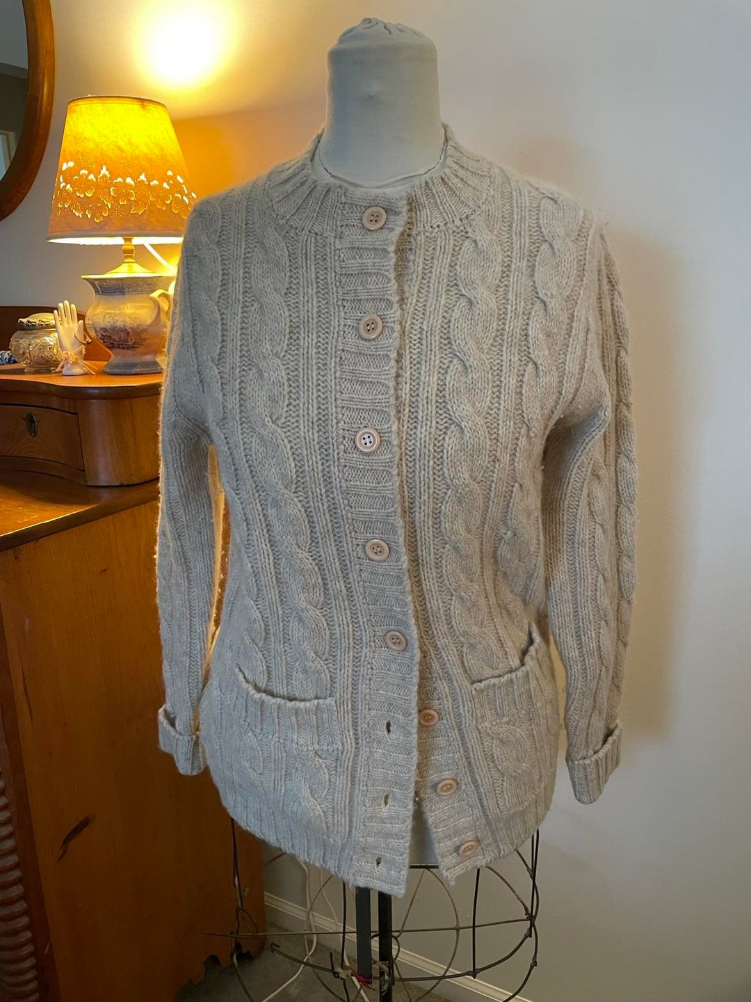 Vintage Cable Wool Cardigan Sweater Ivory Pockets L - Etsy