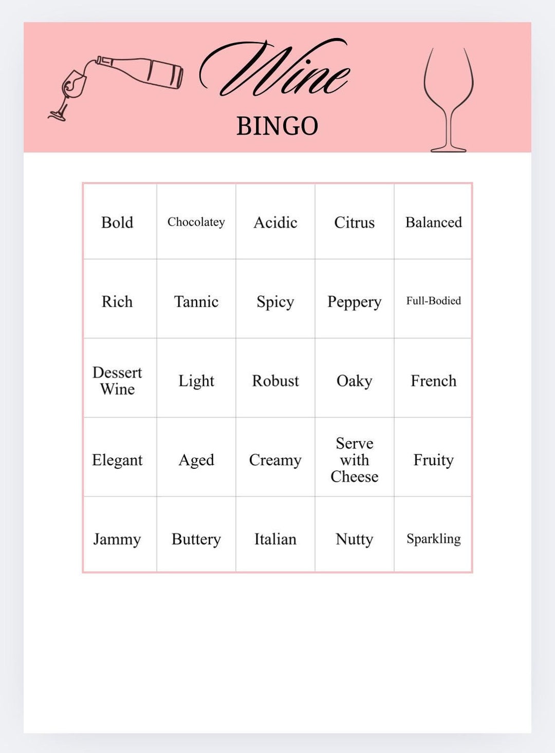Wine Bingo Printable Game | Fun Wine Tasting Party Game | Instant ...