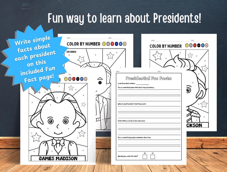 US Presidents Founding Fathers Easy Kids Color by Number Learning ...