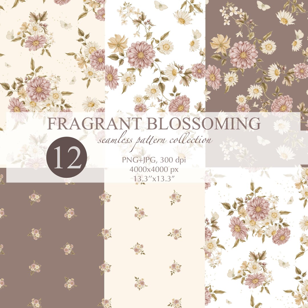 Seamless Floral Pattern, Digital Paper Set , Flower Patterns, Blossoms ...