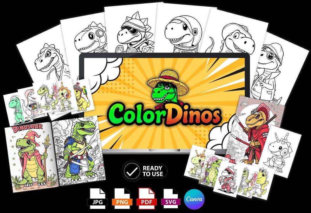 Colordinos 500+ Unique Dinosaur Cosplay Coloring Pages PLR Fully ...