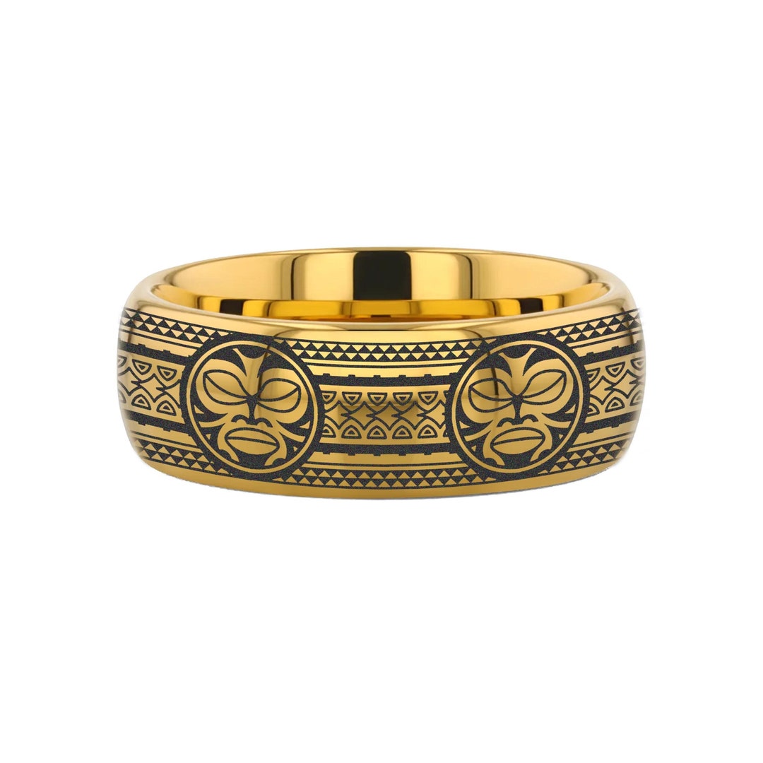 Maori Tribal Face Print Wedding Ring, Engraved Pacific Islander Ring ...