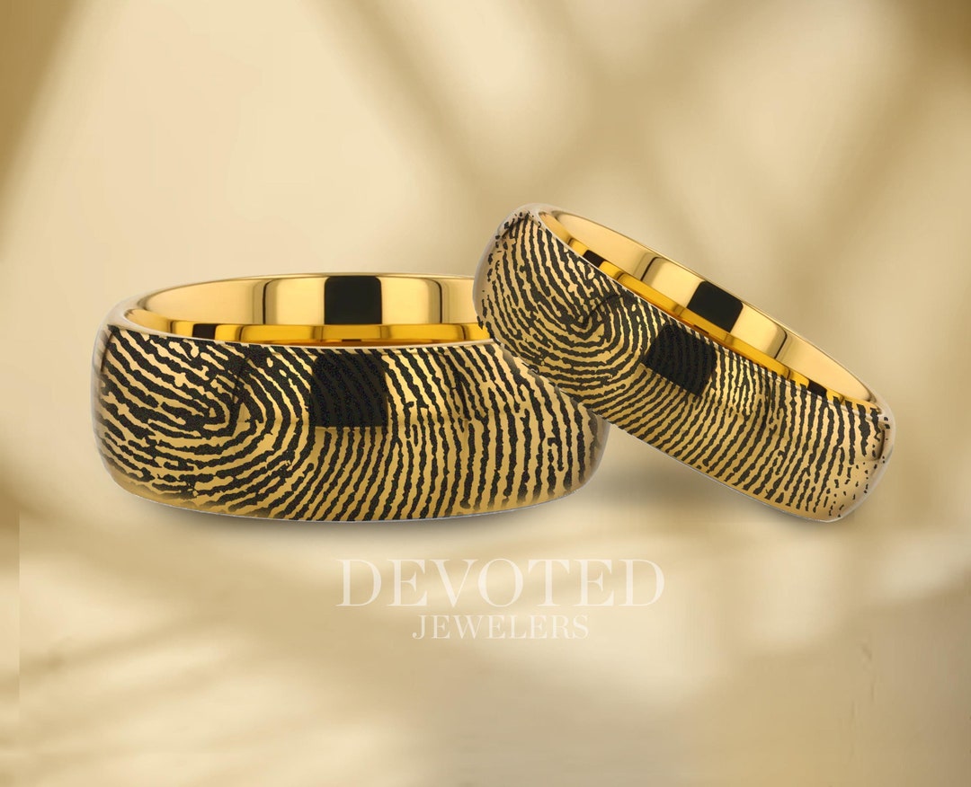 Engraved Fingerprint Gold Wedding Band, Yellow Gold Engagement Ring ...