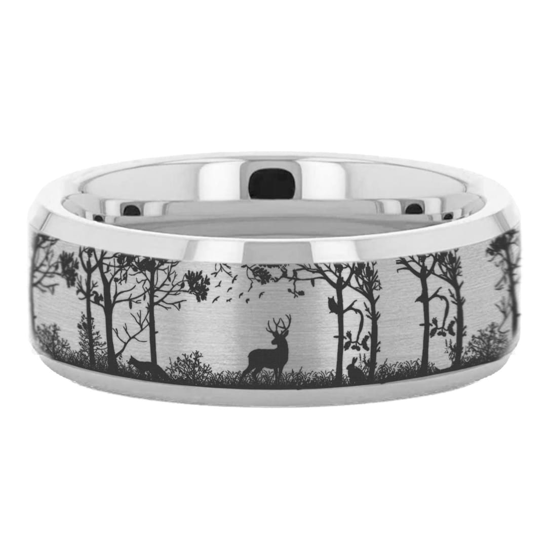 Deer Engraved Wedding Band, Unique Stag Antlered Wedding Ring, Rare ...