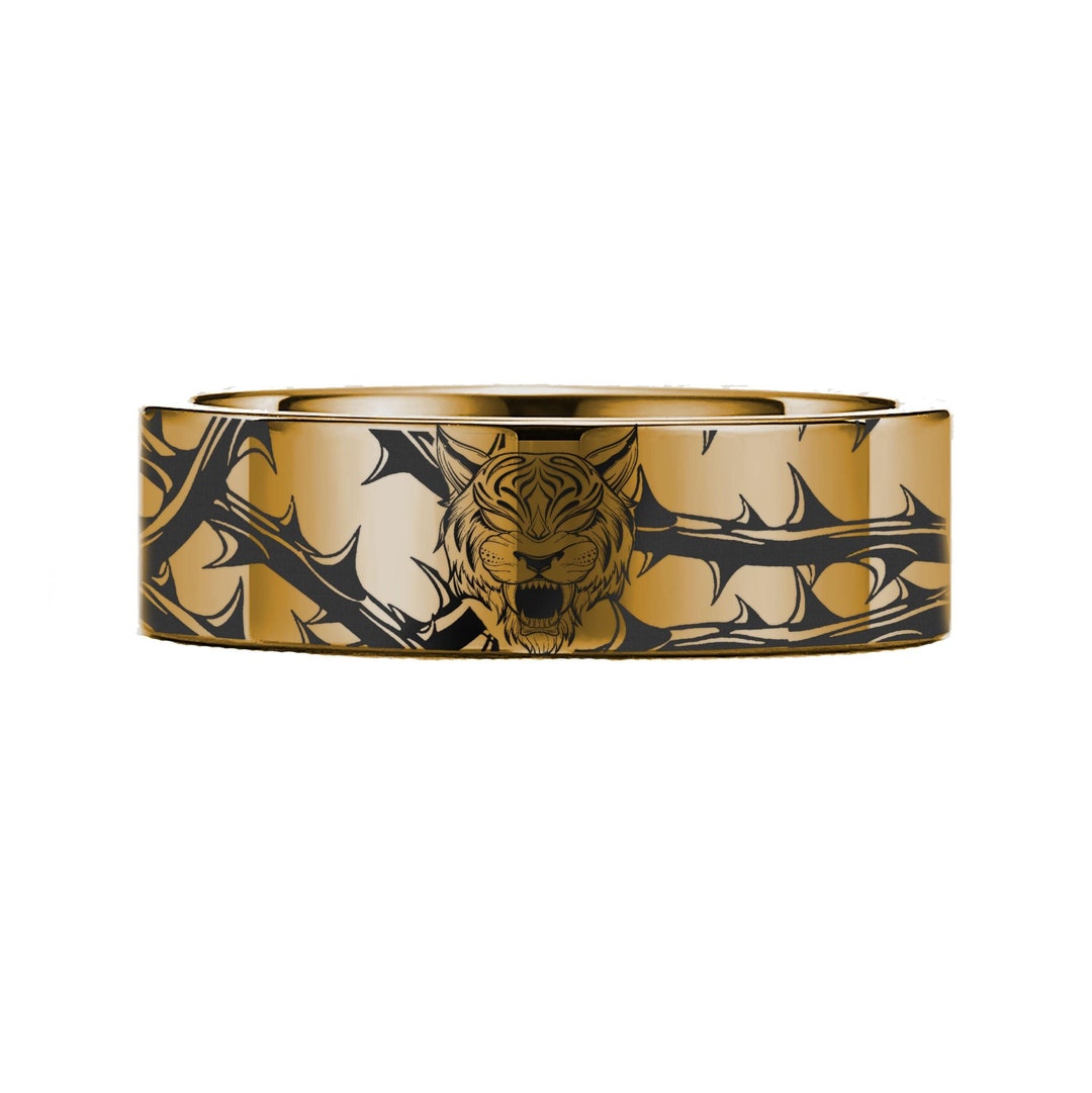 Unique Roaring Tiger Wedding Band, Rare Lioness Ring, Engraved Tiger ...