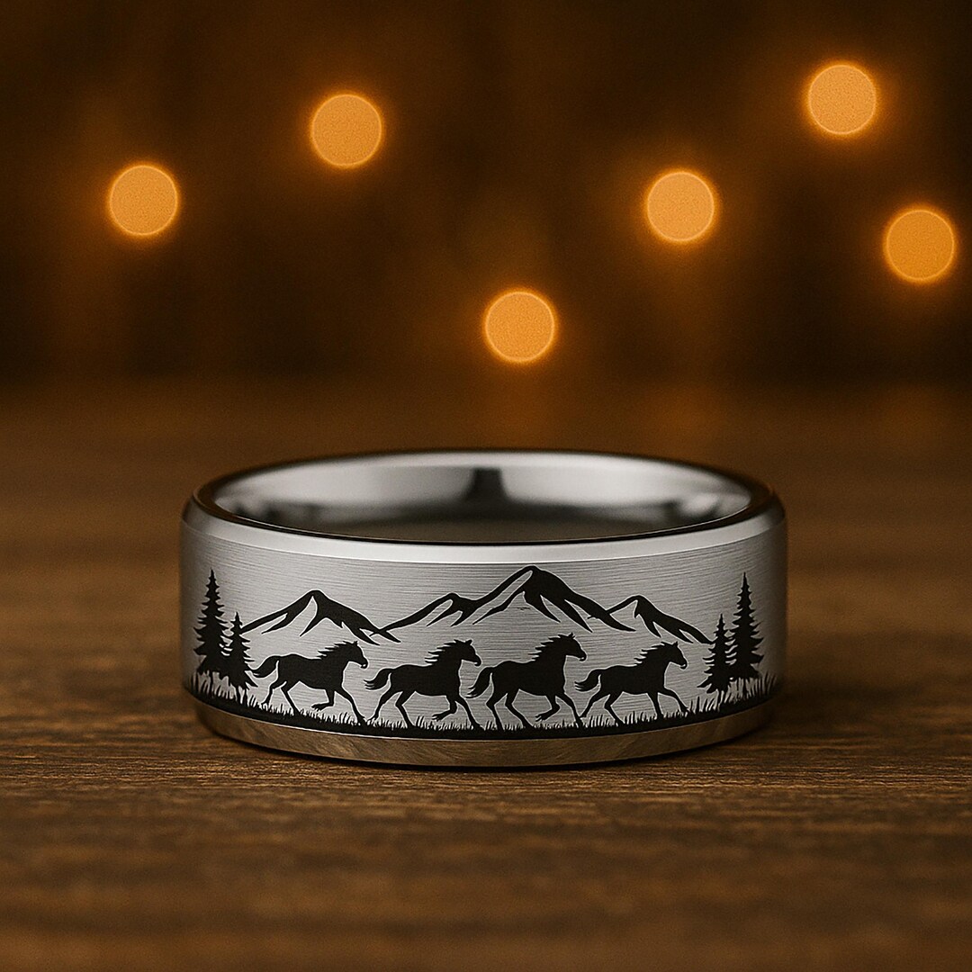 Horses Wedding Band, Engraved Horse Ring, Running Horse Ring, Tungsten ...