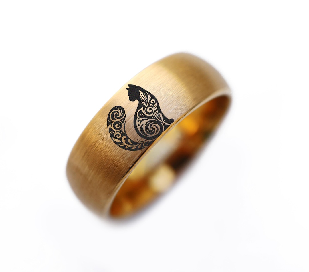 Cat Symbol Wedding Band, Domed Gold Ring, Pet Kitty Engraved Kitten ...