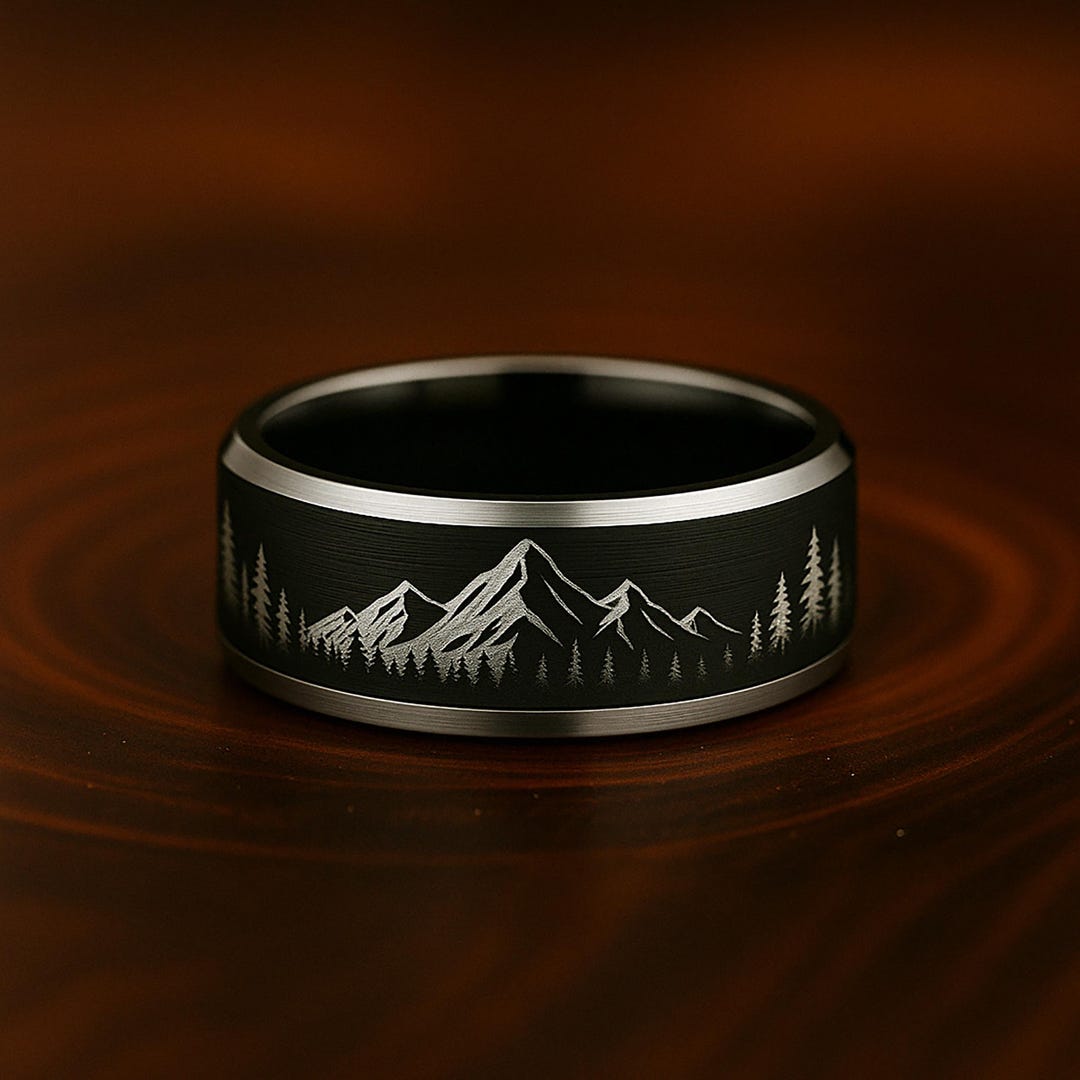 Mountain Tree Line Ring, Unique Men's Tungsten Wedding Band, Men's ...