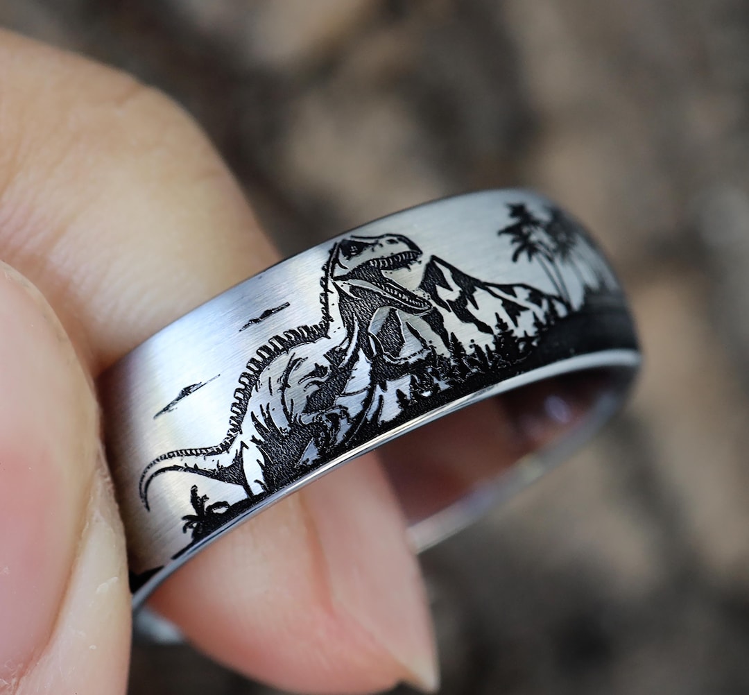 Dinoasaurs Ring Wedding Band, Rare Mesozoic Era Ring, Engraved Dino ...