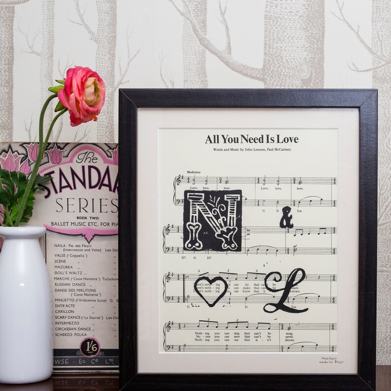 Personalised Sheet Music Initials Linoprint Poster - Etsy