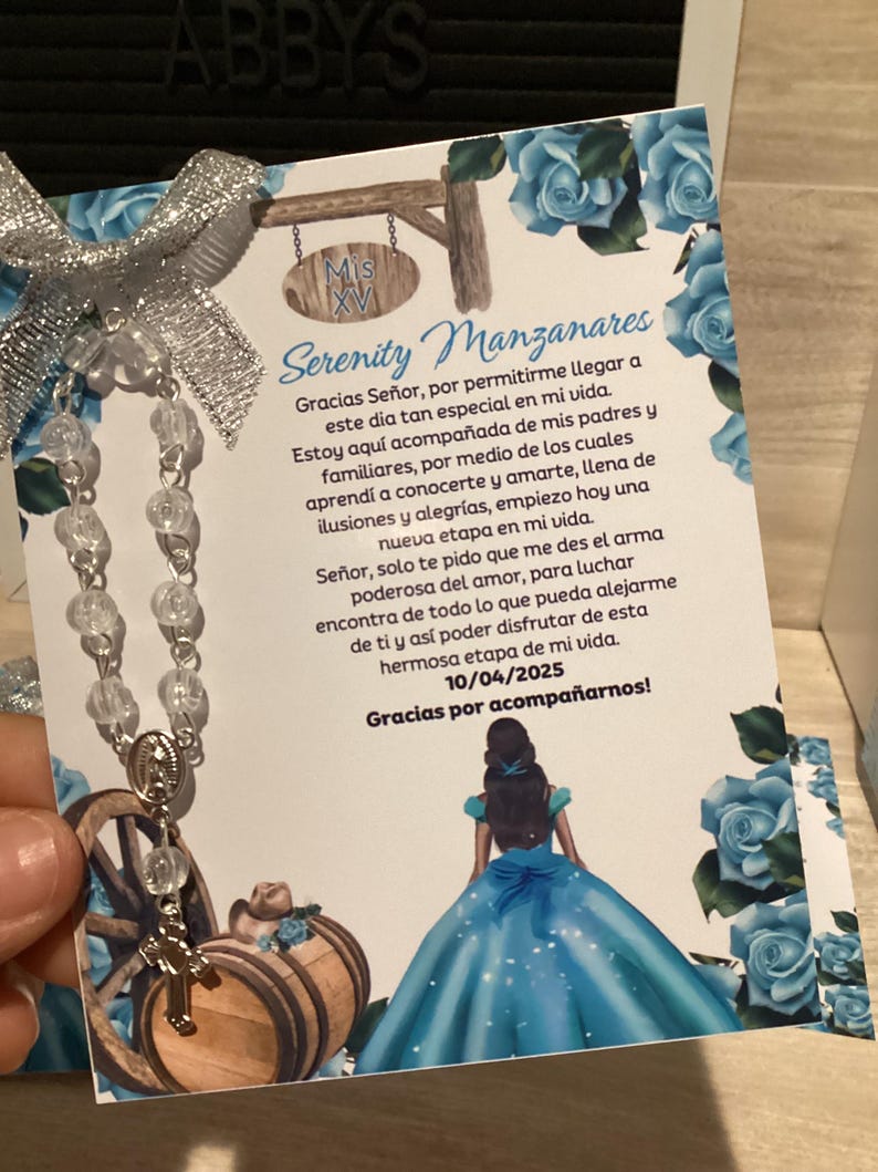 Personalized Quinceañera Prayer Card Favors With Rosary - Teal Dress ...