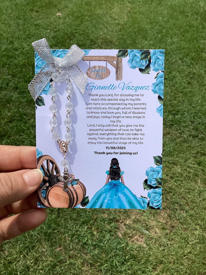 Personalized Quinceañera Prayer Card Favors With Rosary - Teal Dress ...