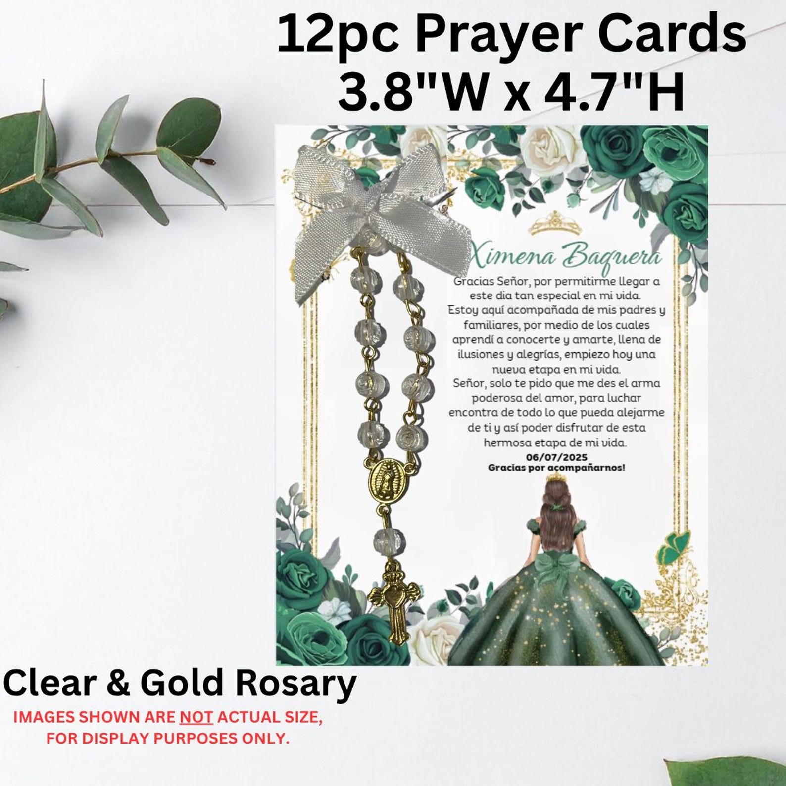 Quinceañera Favors 12pc: Personalized Prayer Card With Rosary, Floral ...