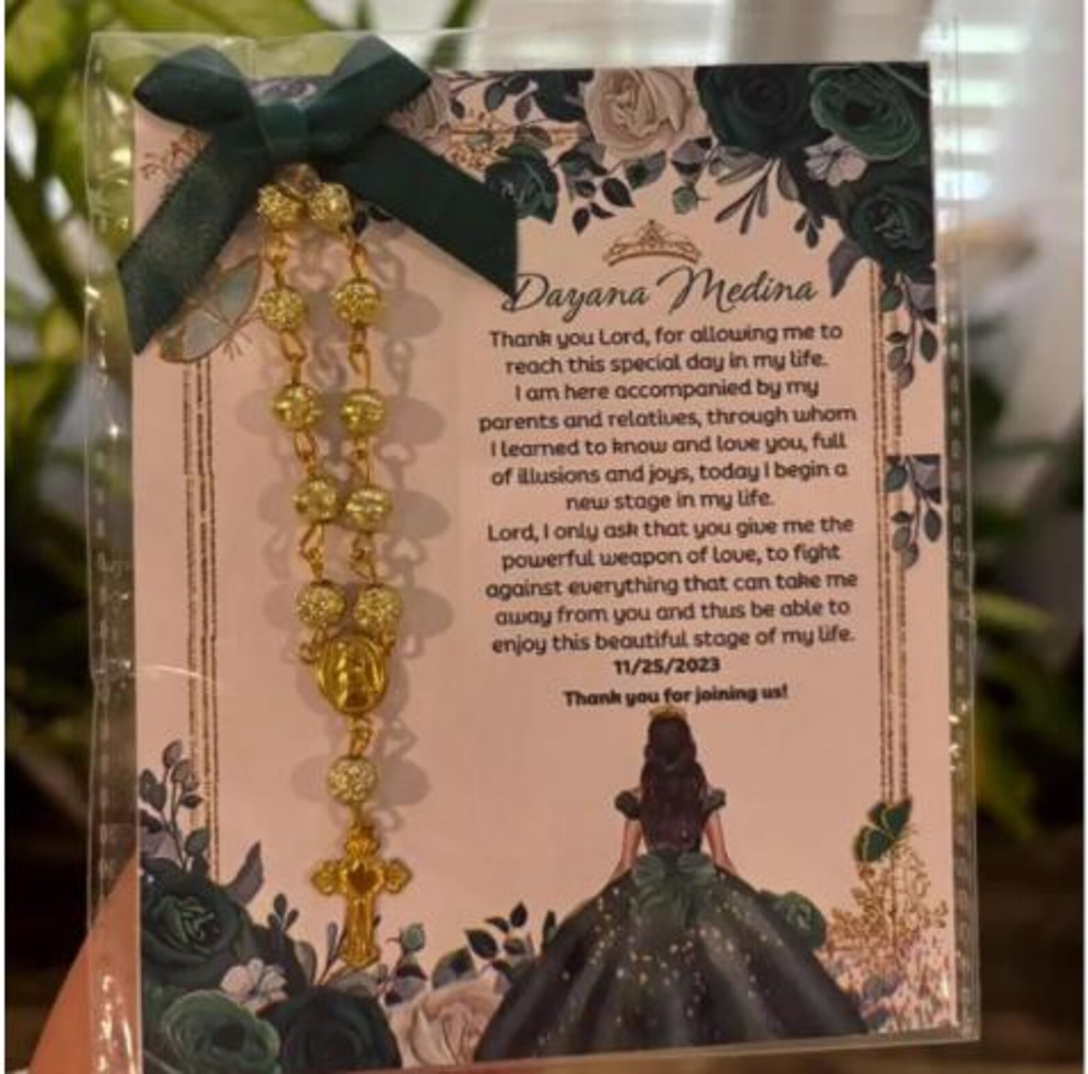 Quinceañera Favors 12pc: Personalized Prayer Card With Rosary, Floral ...
