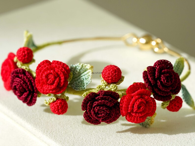 Whispering Petals Micro Crochet Red Rose Statement Bracelet Handmade ...