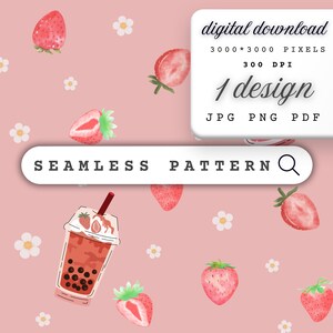 Kawaii Strawberry Boba Tea Repeating Pattern Bubble Tea Seamless ...