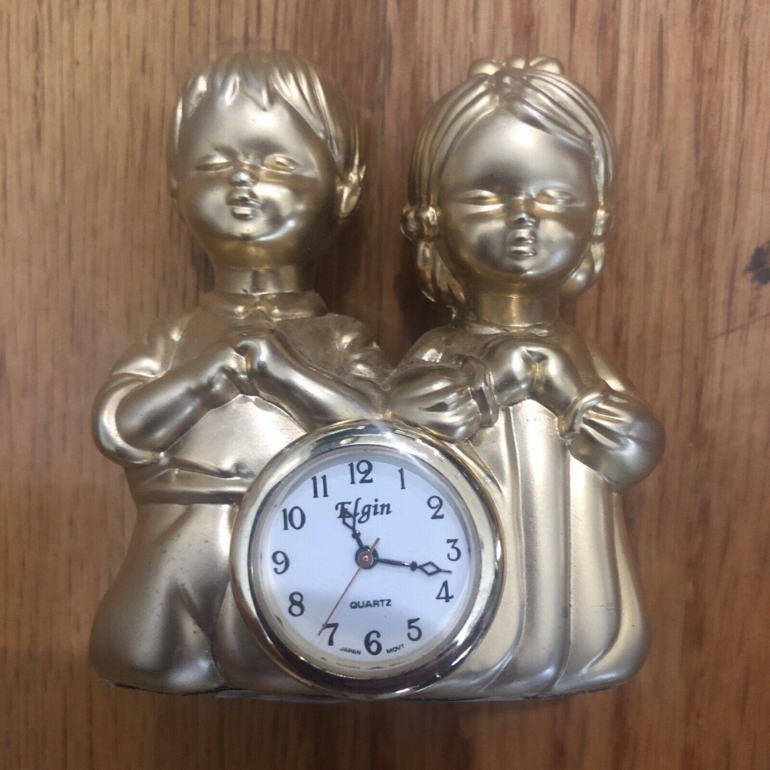 Elgin Quartz Mini Clock, Boy & Girl Praying, JAPAN MOVT, Goldtone 2.25 ...