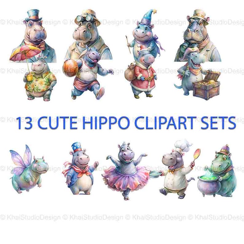 Quirky Hippo PNG Clipart Bundle Whimsical Animals Sublimation Clip Art ...