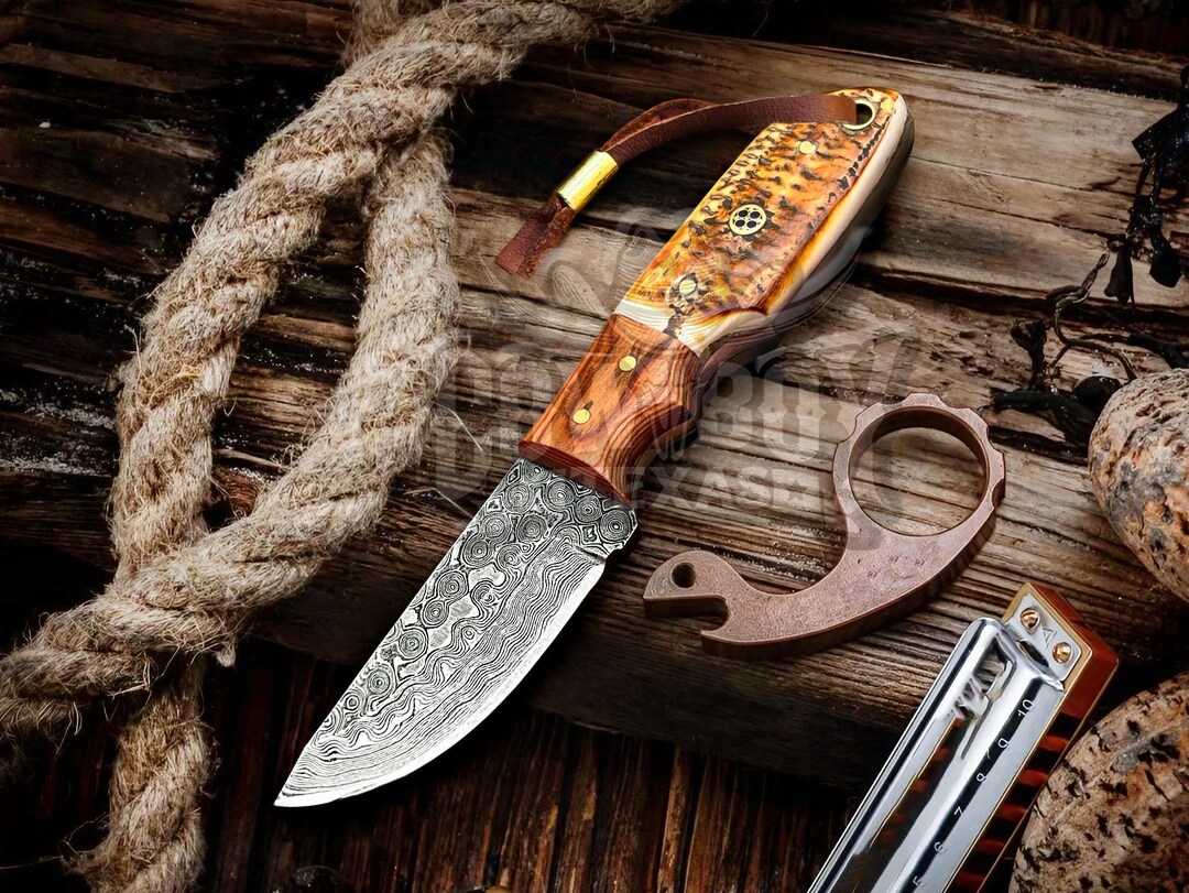 Cowboy Damascus Bull Cutter Skinner Knife | Rasp J2 Steel Blade | Stag ...