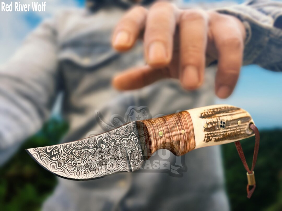 Damascus Fixed Blade Hunting Knife | Cowboy Bull Cutter With /rasp J2 ...
