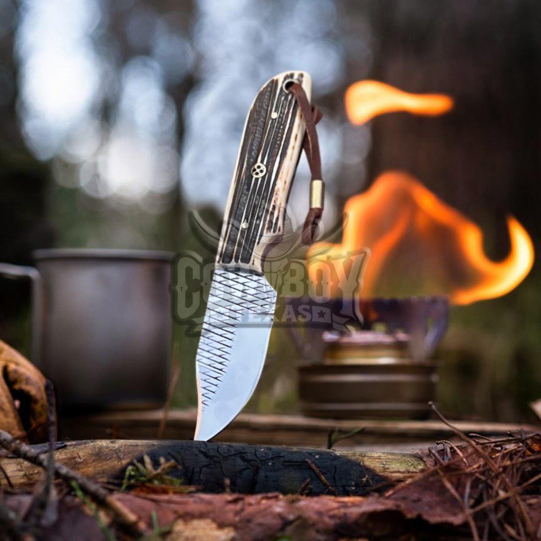 Cowboy Bull Cutter Knife | Fixed Blade Damascus/rasp J2 Steel | Stag ...