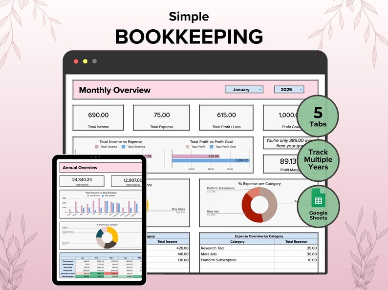 Bookkeeping Spreadsheet Income, Expense, Profit & Loss Tracker Report ...