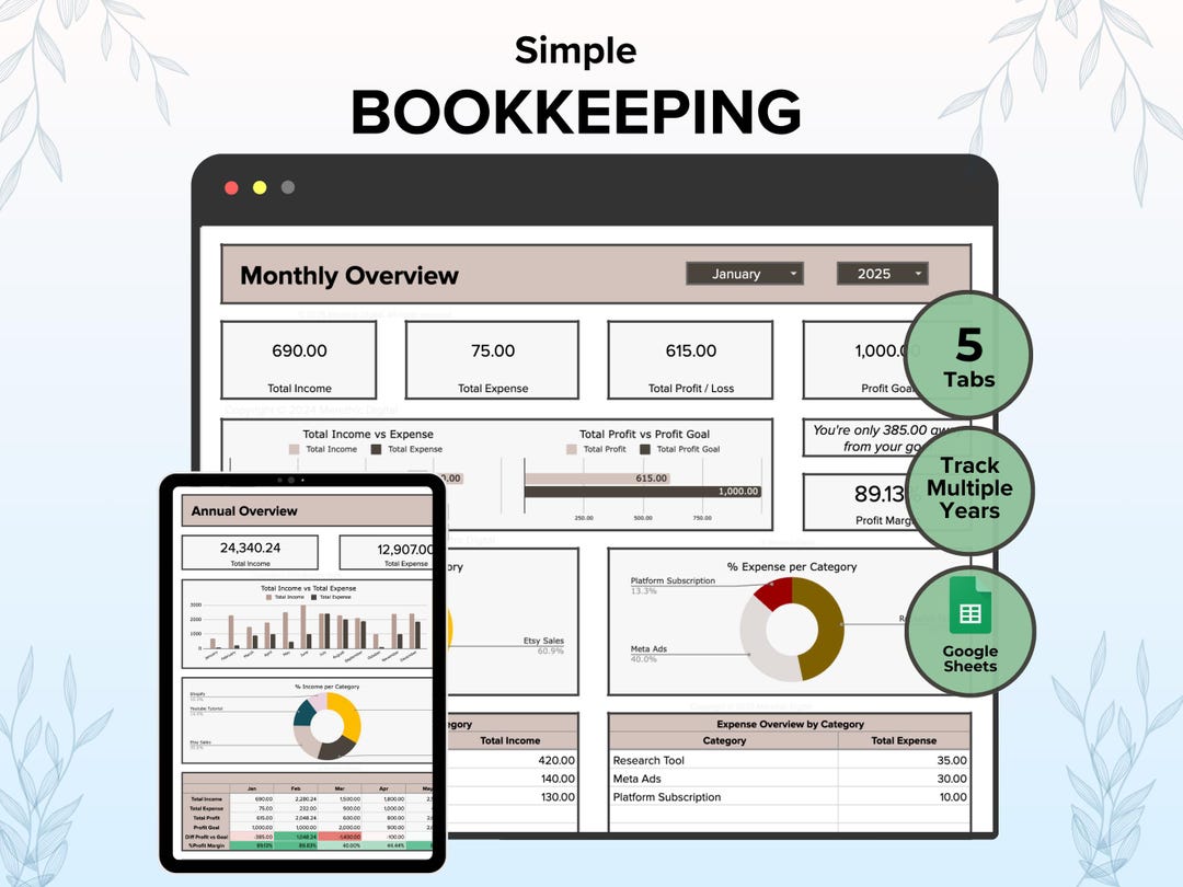 Bookkeeping Google Sheets Template: Income, Expense, Profit Tracker ...