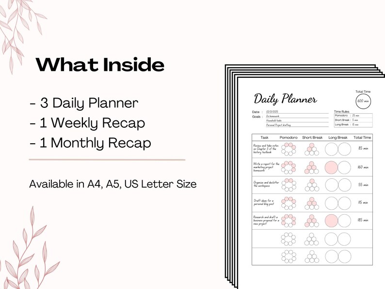 Pomodoro Planner Tools, Printable Productivity Planner, Work Day ...