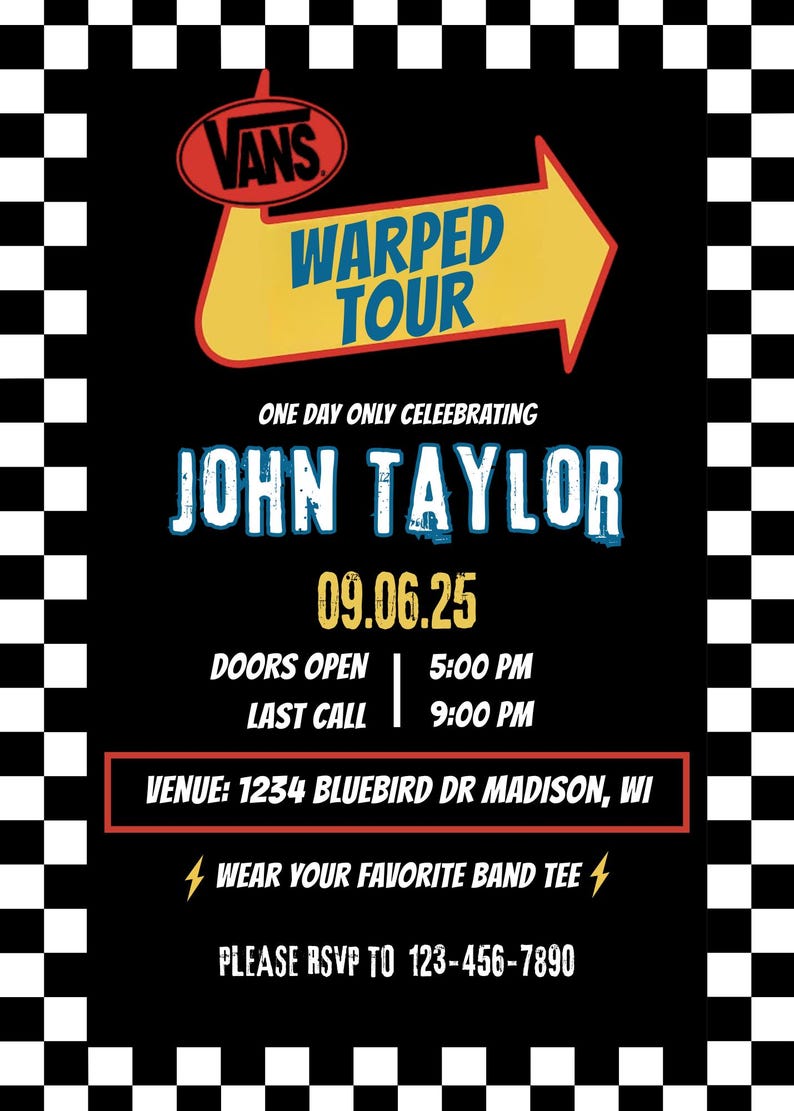 Printable Birthday Party Invitation, Warped Tour, Punk Rock, Emo, Two ...