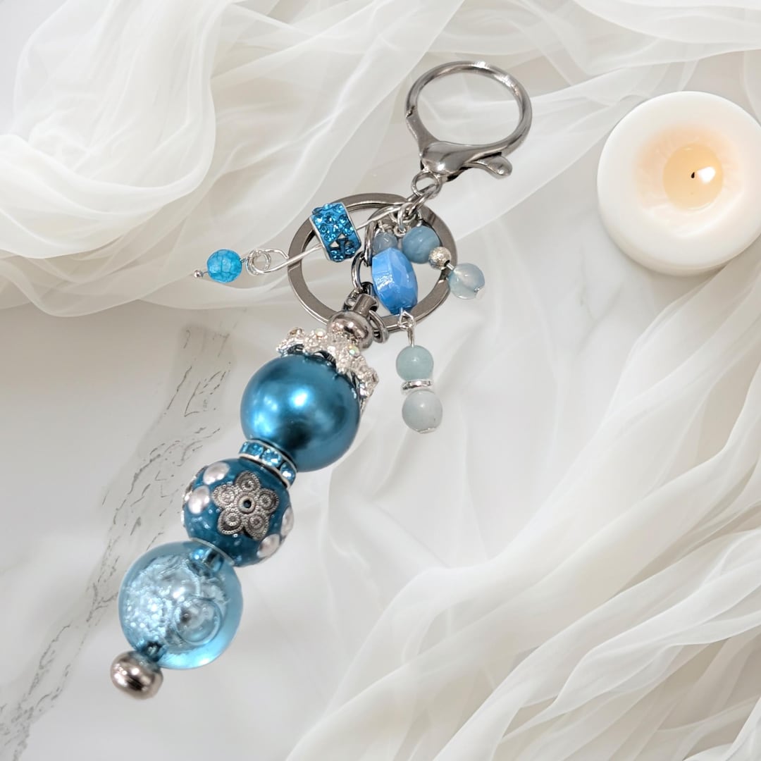 AQUA BLUE THEMED Beaded Keychain | Handmade Bag Charm | Includes Jesse ...