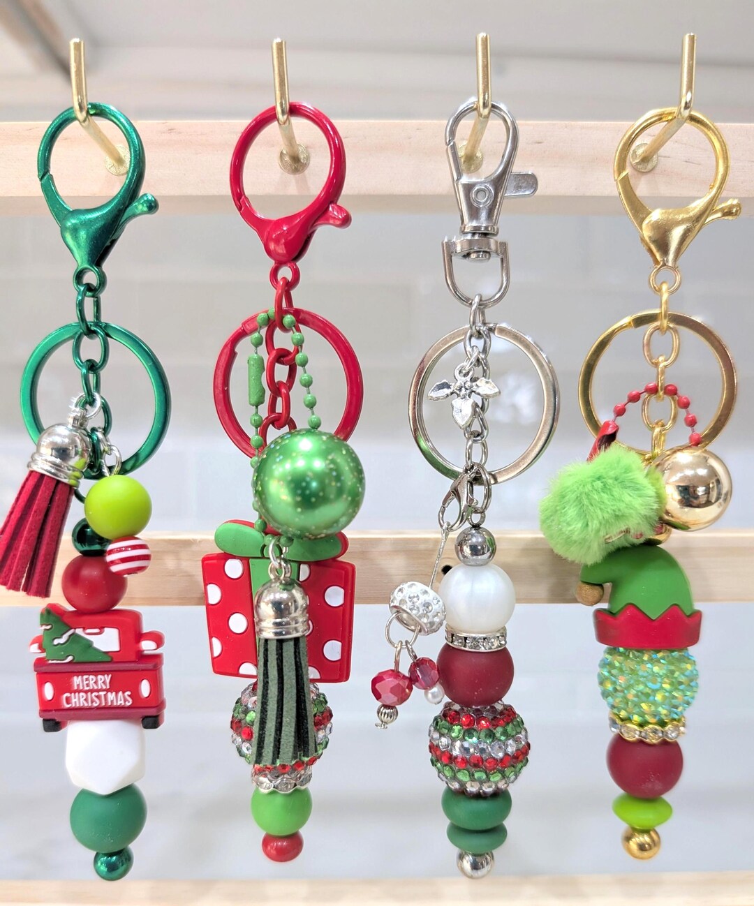 Christmas Beaded Keychain | Bag Charm: Red Truck, Package, Sparkly, Elf ...