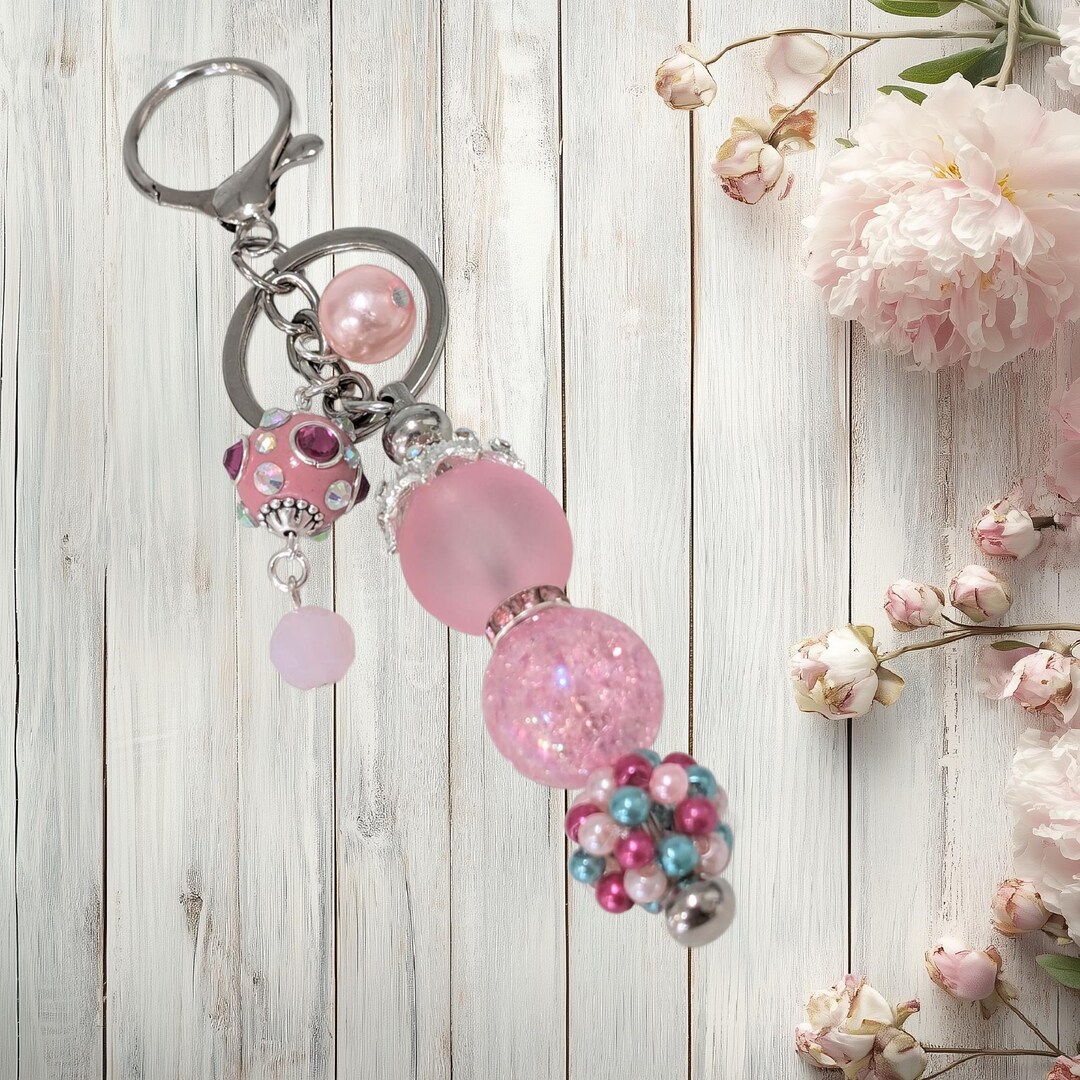 PRETTY PINK THEMED Beaded Keychain | Bag Charm | Includes Jesse James ...