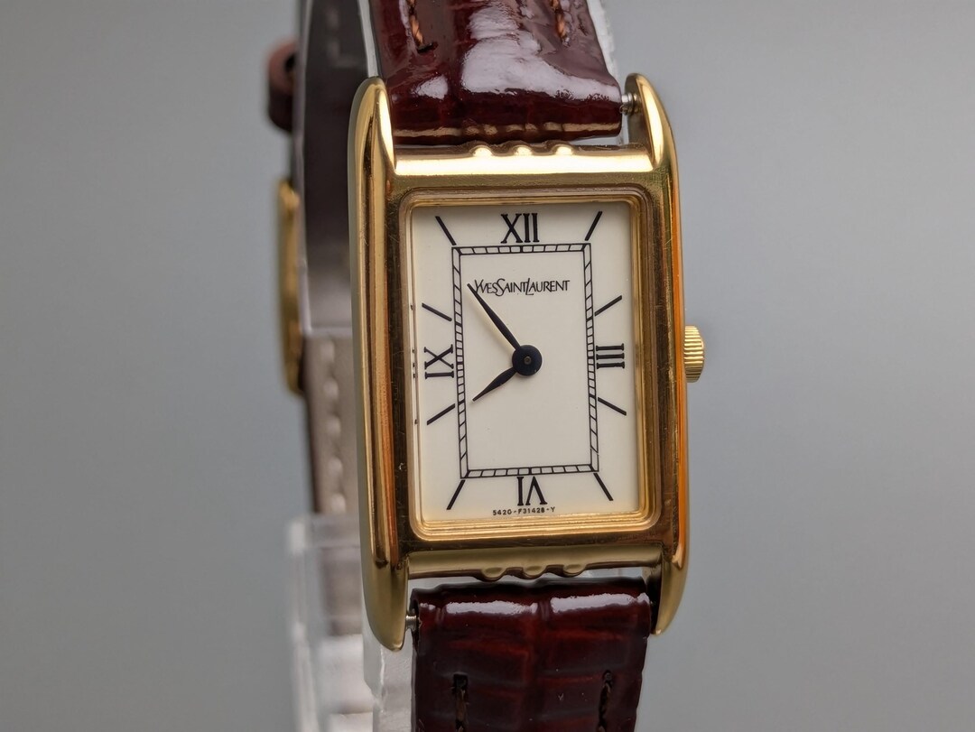 80's Yves Saint Laurent 5420 Tank Rectangle Roman Dial YSL Gold Women ...
